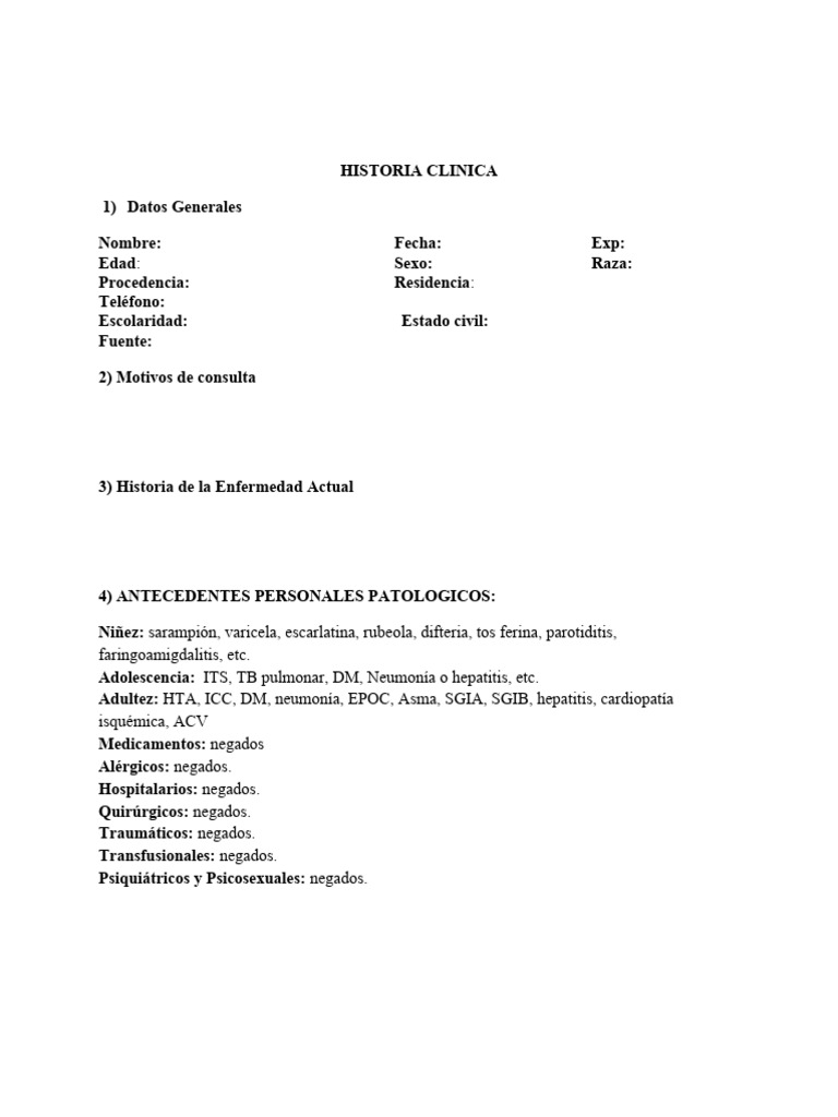 Historia Clinica Vacia | PDF | Medicina CLINICA | Enfermedades y trastornos