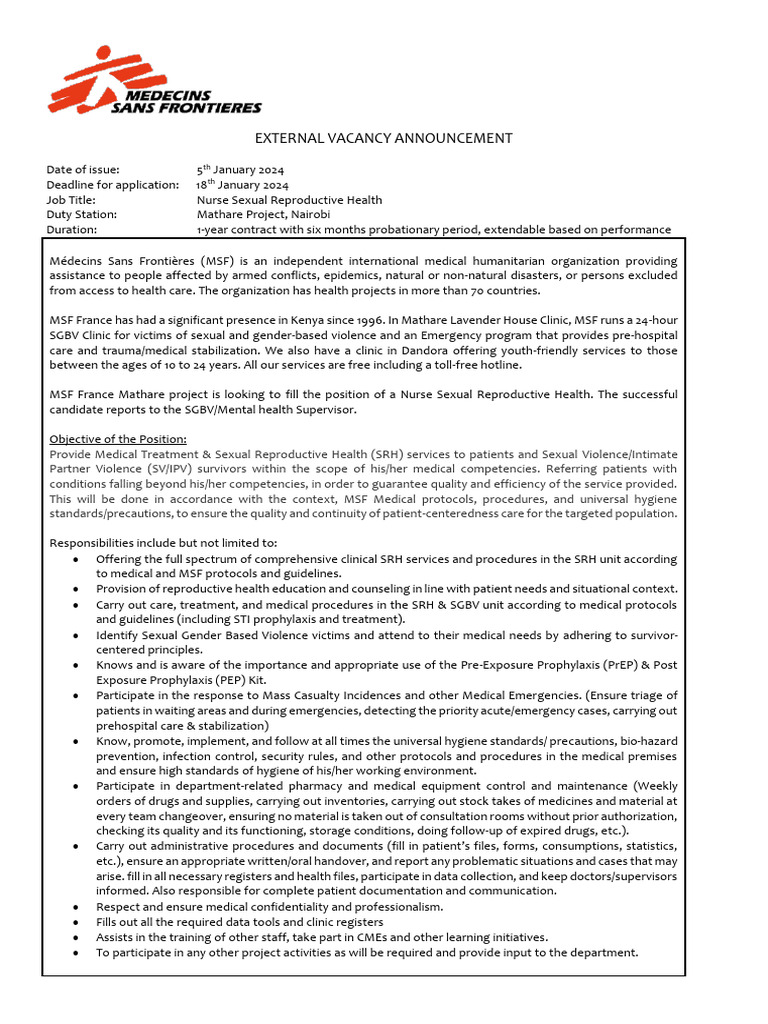 MSF France Mathare Project Nurse SRH Advert | PDF | Médecins Sans ...