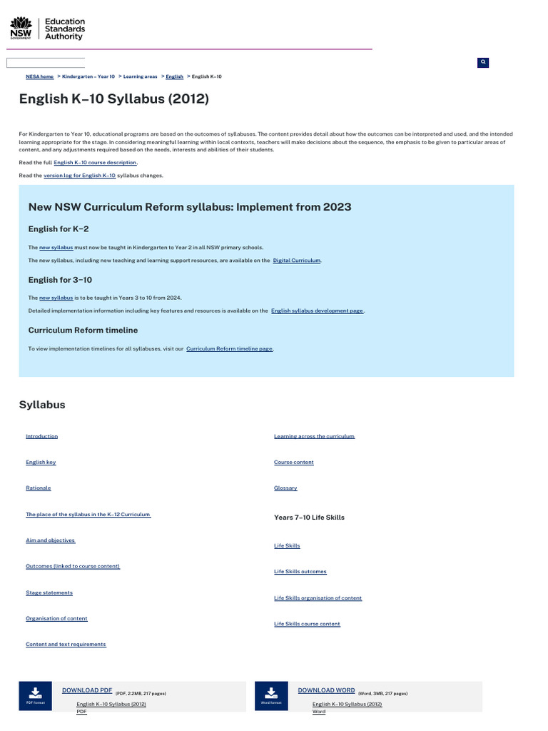 English K 10 NSW Education Standards | PDF | Curriculum | Education Theory