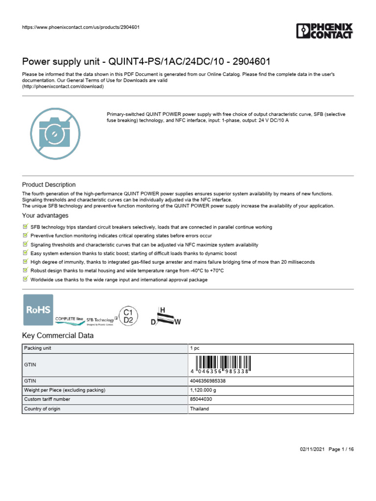 Power Supply Unit - QUINT4-PS/1AC/24DC/10 - 2904601: Product ...
