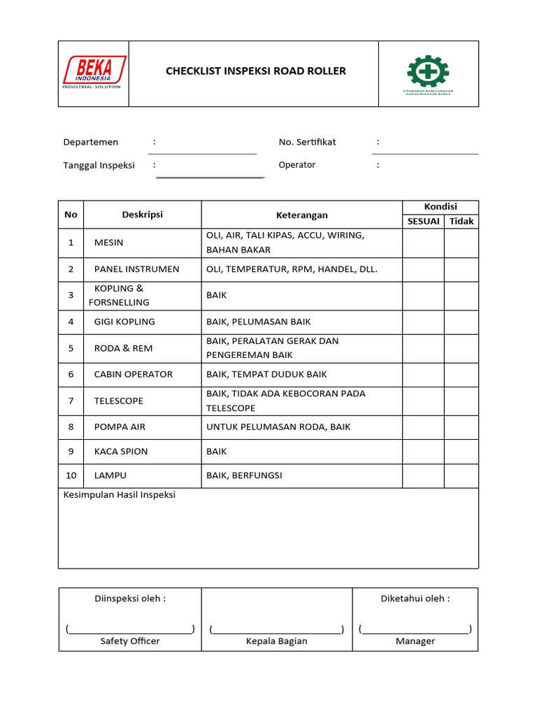 Form Check List Inspeksi Road Roller | PDF