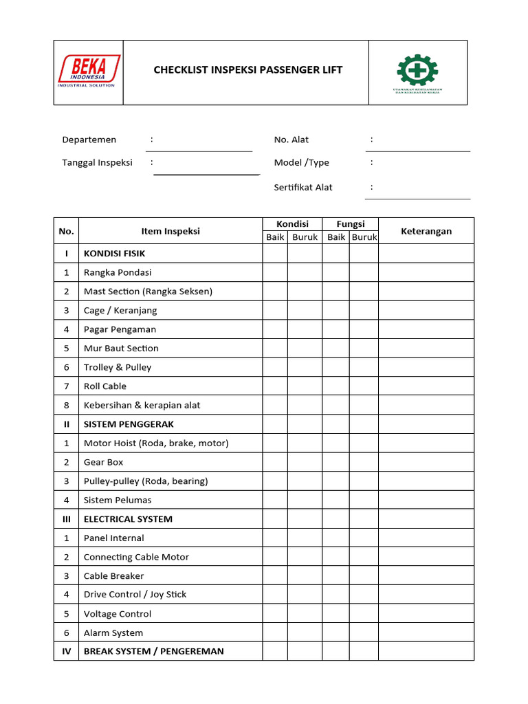 FORM CHECK LIST INSPEKSI PASSENGER LIFT (ALIMAX) | PDF