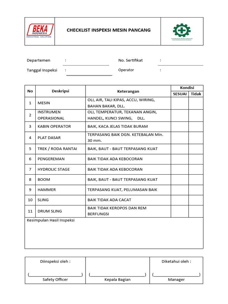 Form Check List Inspeksi Mesin Pancang | PDF