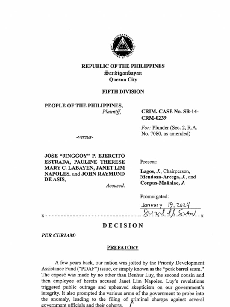Jinggoy Acquitted of Plunder, Guilty of Bribery in Pork Barrel Scam | PDF Jinggoy Acquitted of Plunder, Guilty of Bribery in Pork Barrel Scam | PDF