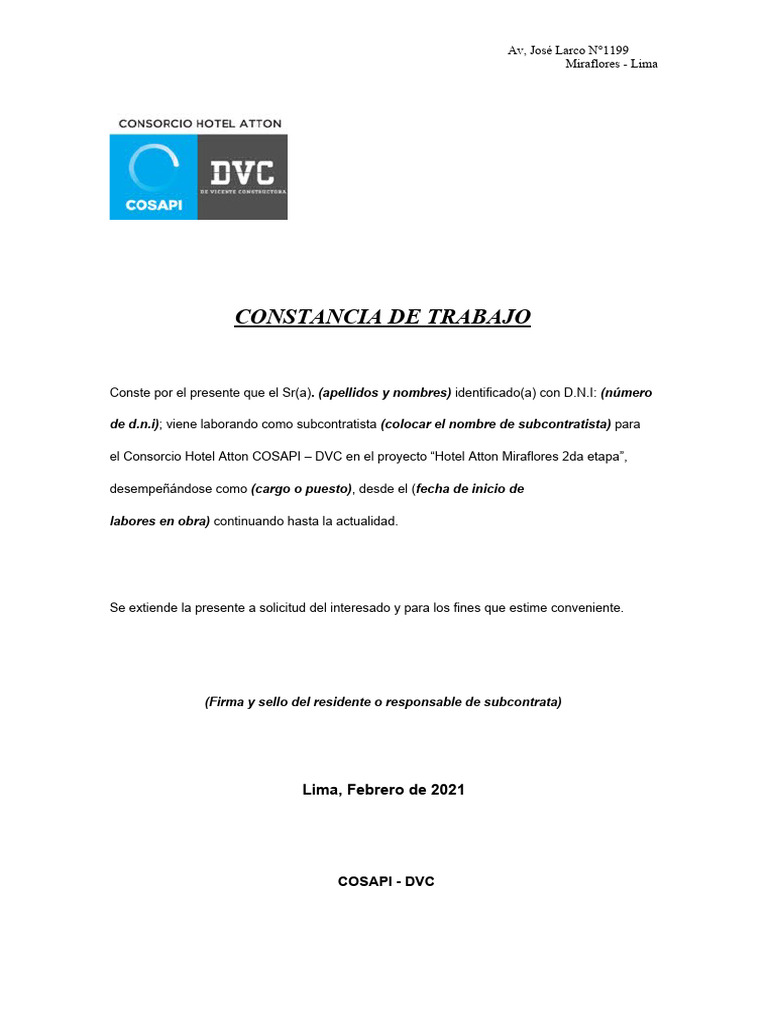 Modelo Constancia de Trabajo - Consorcio Cosapi - DVC | PDF