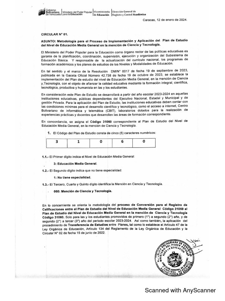 Circular N 01 Plan de Estudio Del Nivel de Educacion Media General en La Mencion de Ciencias y ...