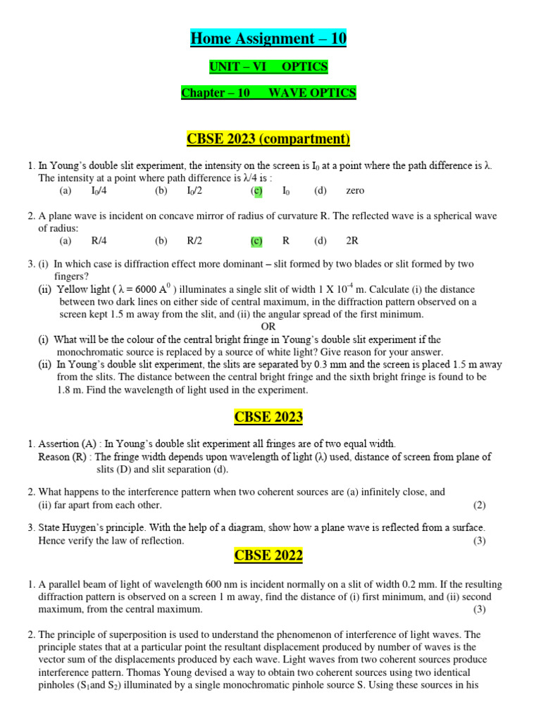 Aissce Asgnmt CH-10,11,12,13 | PDF | Diffraction | Photoelectric Effect Aissce Asgnmt CH-10,11,12,13 | PDF | Diffraction | Photoelectric Effect