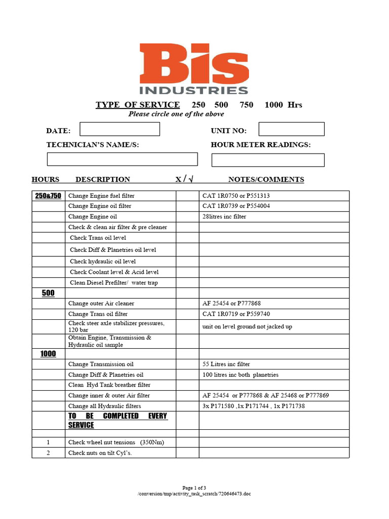 Forklift 250 hr-1000hr Service Sheet 2.docfantuzzi | Download Free PDF ...