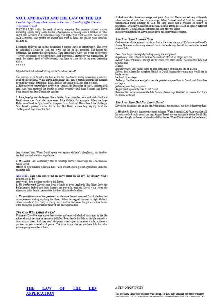 Saul and David and The Law of The Lid | PDF | David | Saul
