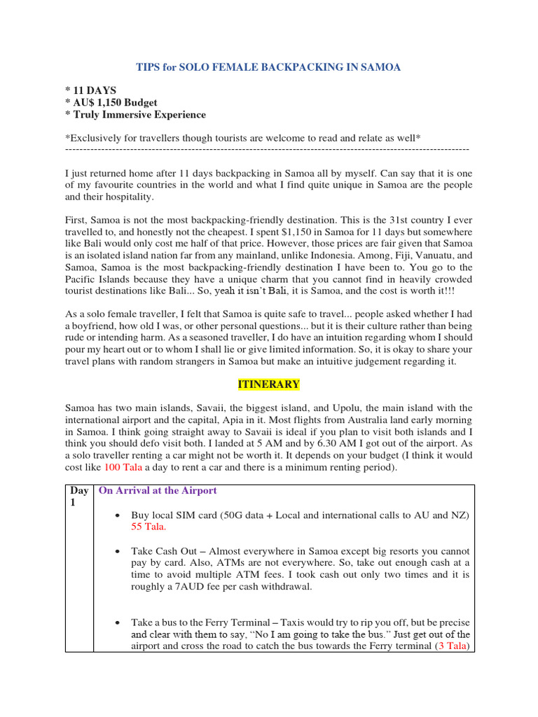 Tips For Solo Female Backpacking in Samoa | PDF | Bus | Beach