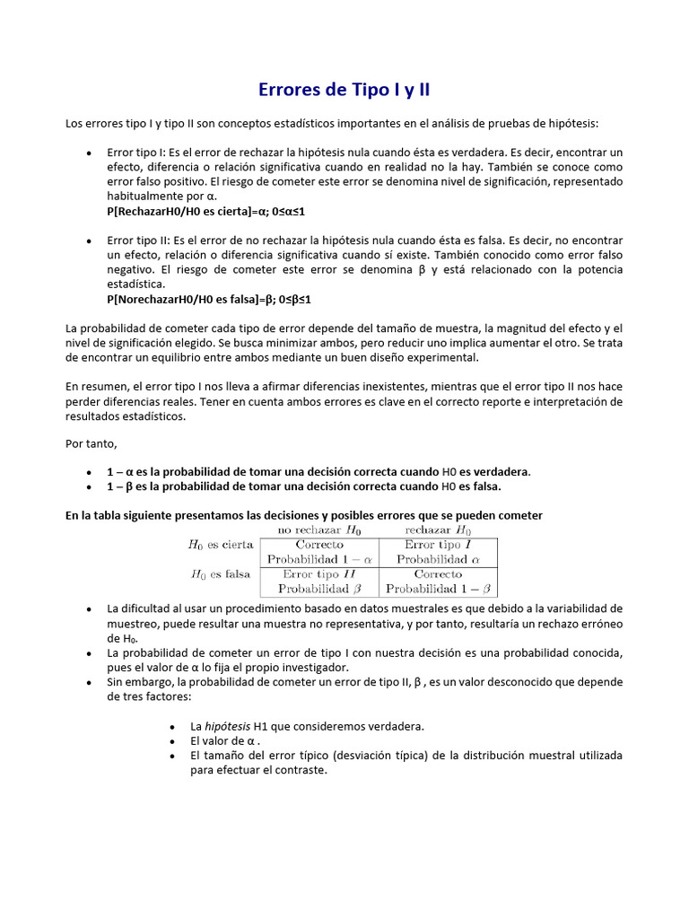 Errores de Tipo I y II | PDF | Errores tipo I y tipo Ii | Prueba de ...