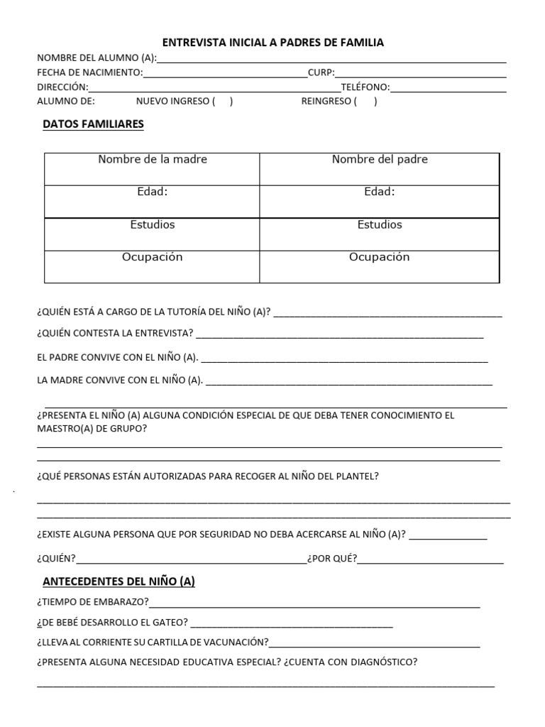 Entrevista Inicial A Padres de Familia 4a | PDF