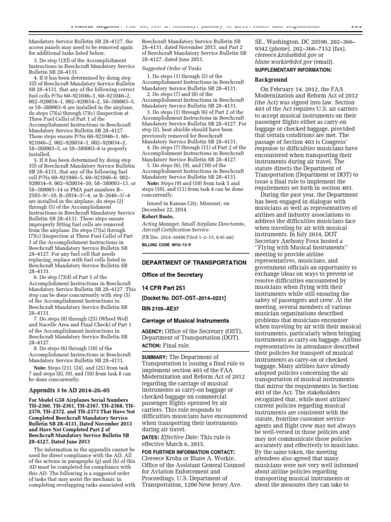 FAA Final Rule On Musical Instruments (Highlighted) - Sebastian James Payan | PDF | Baggage ...