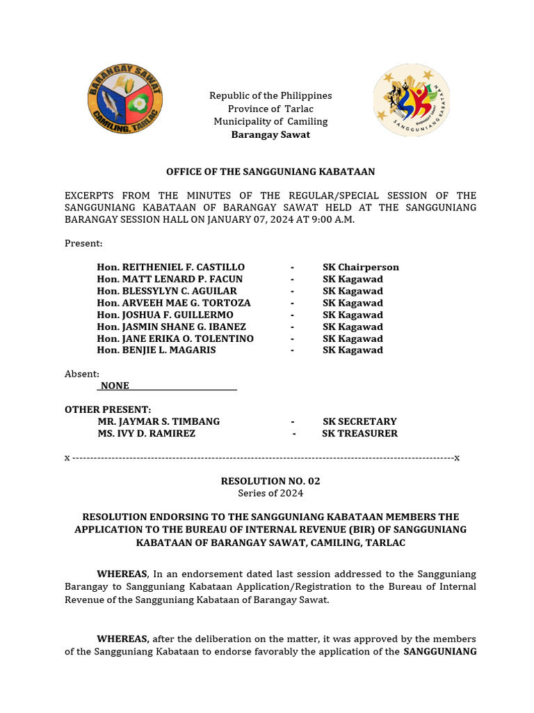 SK Resolution No. 02 Bir 1 | PDF | Government | Philippines