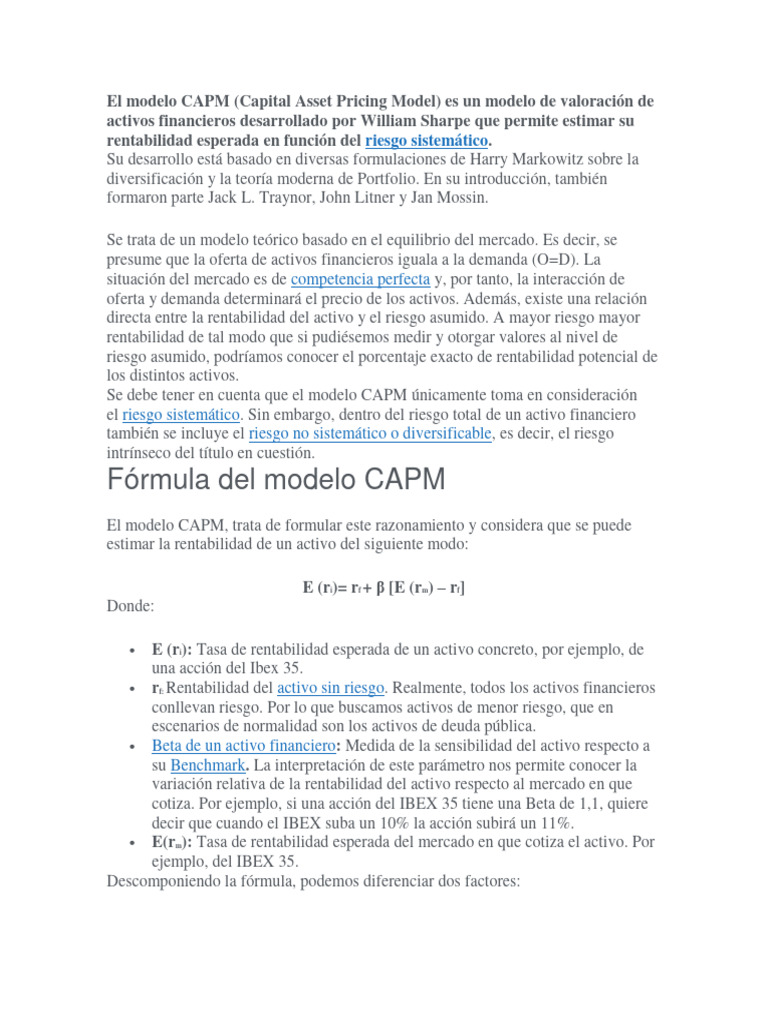 El modelo CAPM | PDF | Modelo de fijación de precios de activos de capital | Ciencias económicas