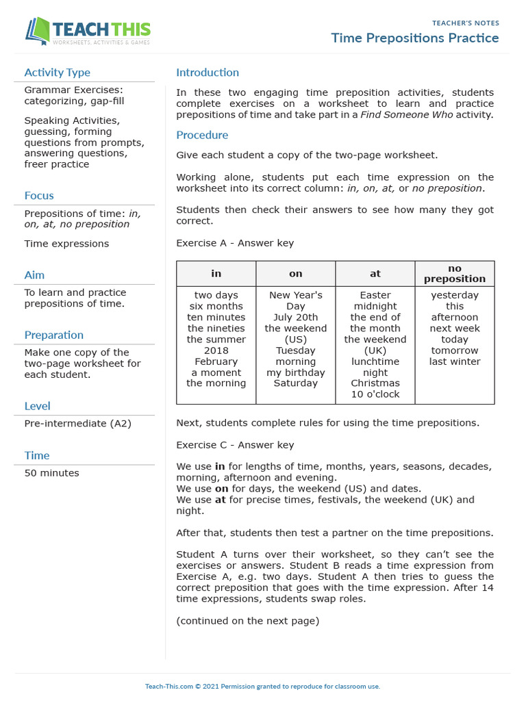 Time Prepositions Practice | PDF