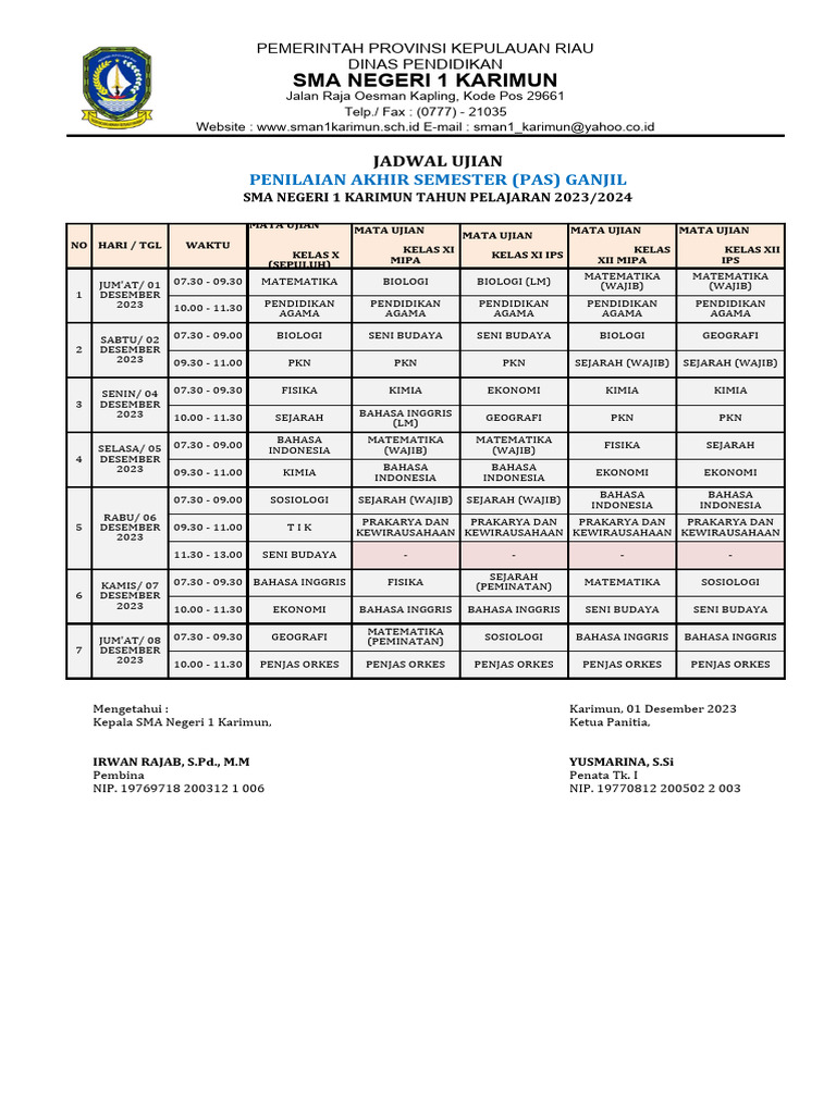 Jadwal PAS Ganjil TP. 2023-2024 | PDF