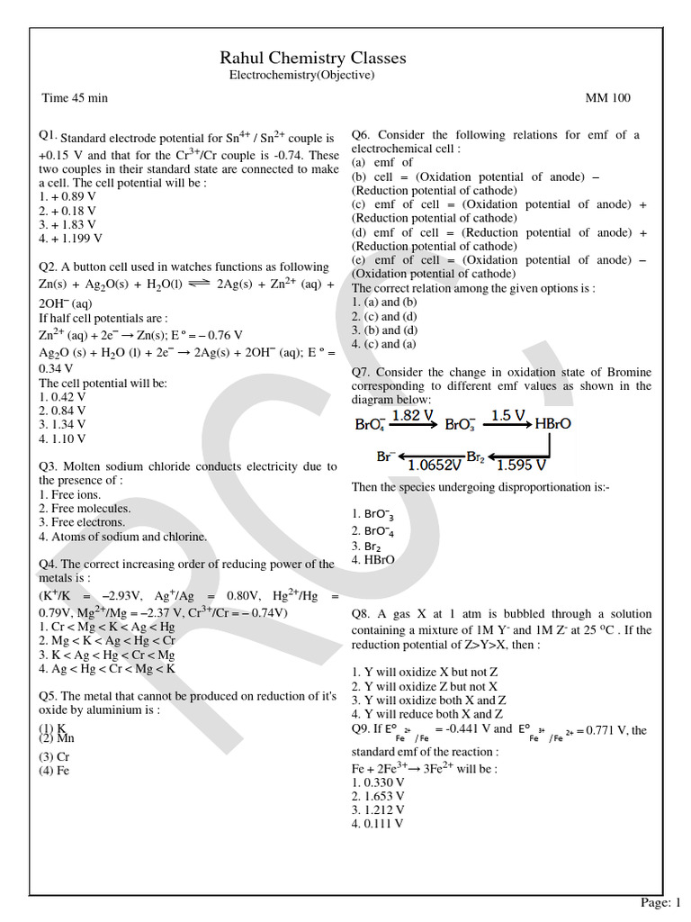 Electrochemistry Quiz for NEET | PDF | Ph | Redox