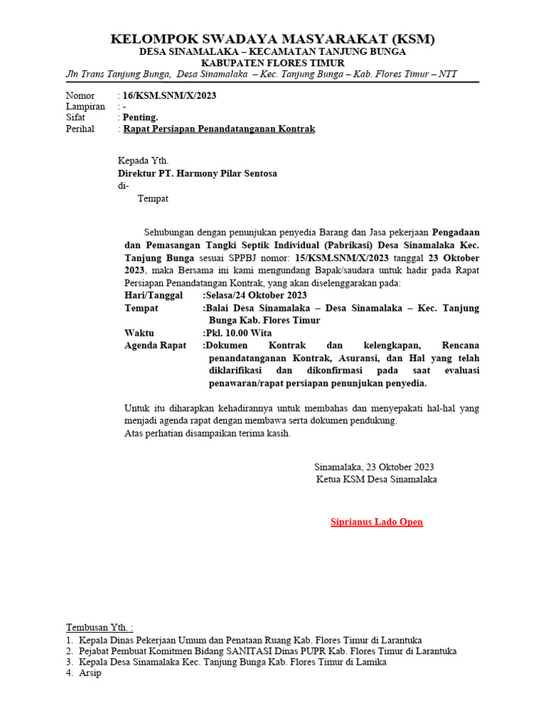 Undangan Rapat Persiapan TTD Kontrak | PDF
