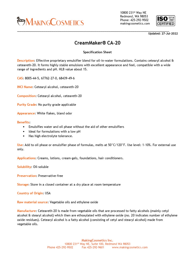 Fact Sheet Cetearyl Alcohol Ceteareth 20 | PDF | Emulsion | Ethanol