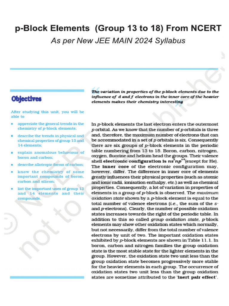 P-Block Elements Group 13 To 18 NCERT As Per New Syllabus JEE MAIN 2025 | PDF