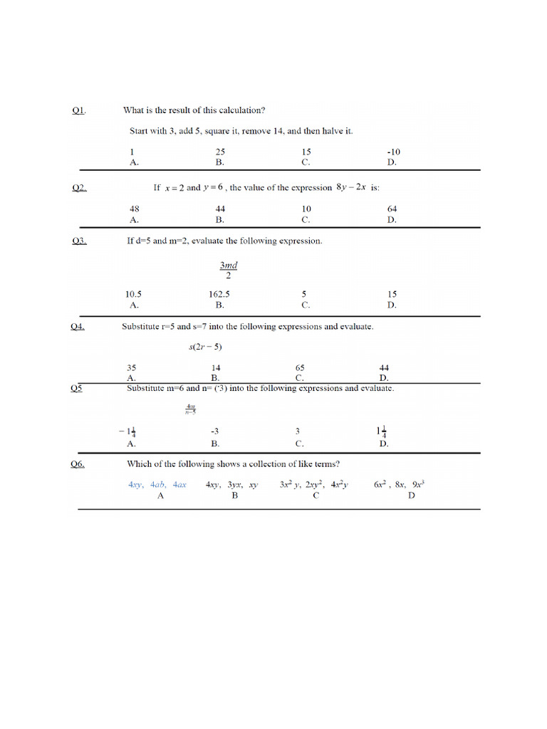 Algebra Worksheet | PDF