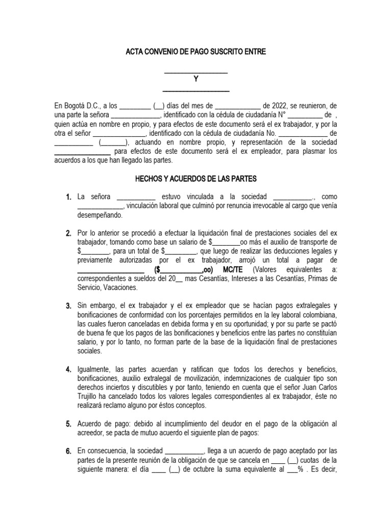 Acta Convenio de Pago | PDF | Pagos | Salario