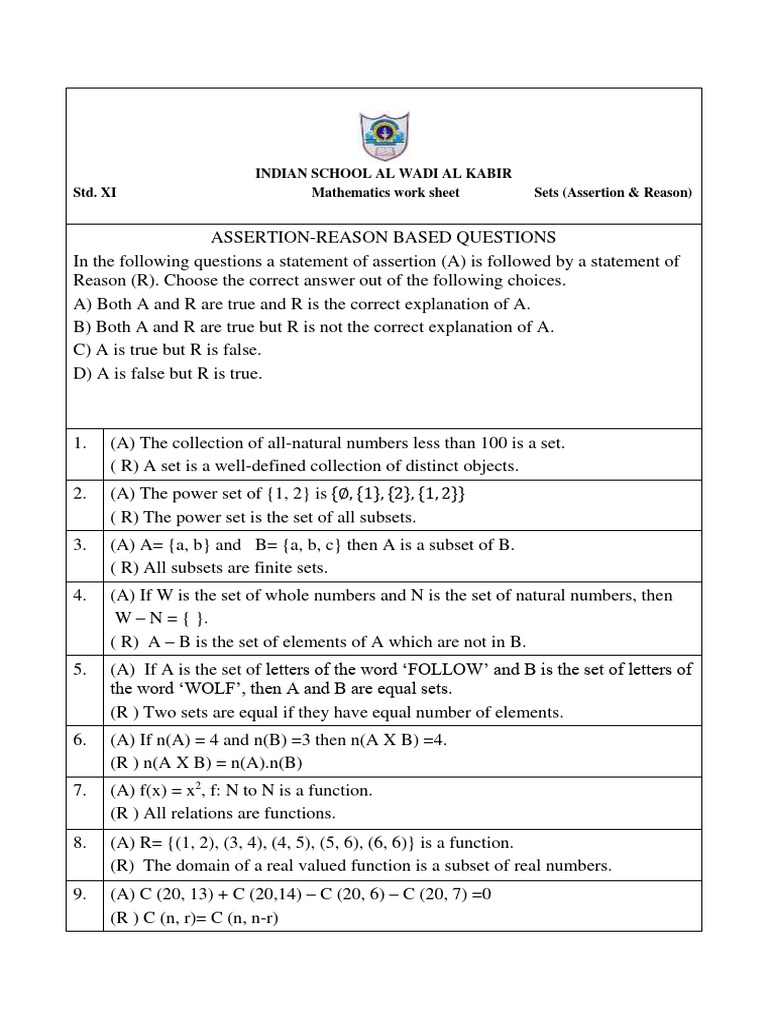 522987-Class XI WS Sets Assertion - Reason | PDF | Function (Mathematics) | Mathematical Analysis