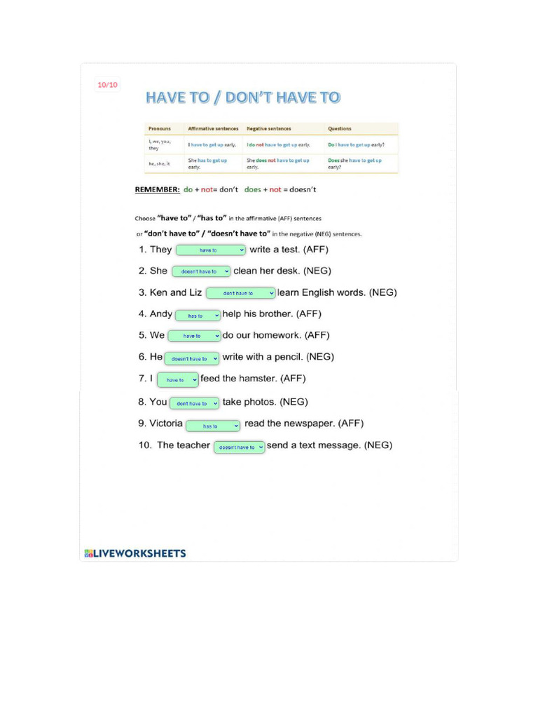 HOMEWORK - MODAL HAVE TO | PDF