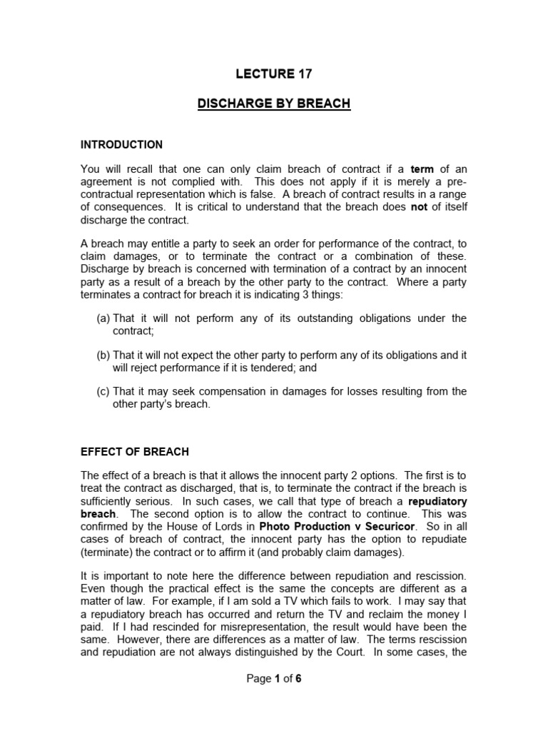 Lecture 17 - Discharge - by Breach | PDF | Breach Of Contract | Legal Ethics