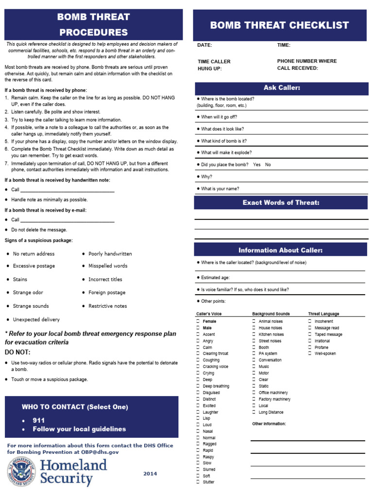 DHS Bomb Threat Checklist 2014 508 | PDF