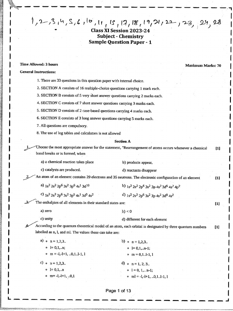 Class 11 Chemistry Sample Paper | PDF