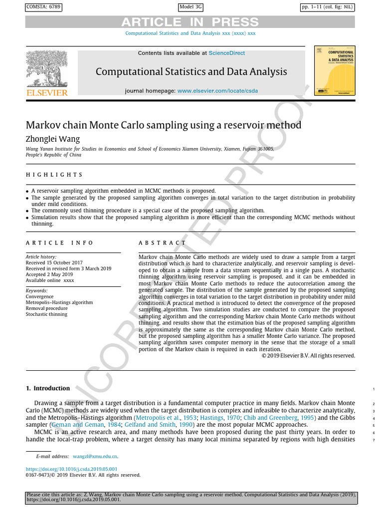 Markov Chain Monte Carlo Sampling Using A Reservoir Method | PDF | Monte Carlo Method ...