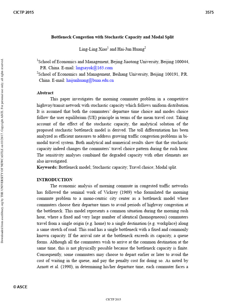 Bottleneck Congestion With Stochastic Capacity and Modal Split | PDF | Traffic Congestion ...