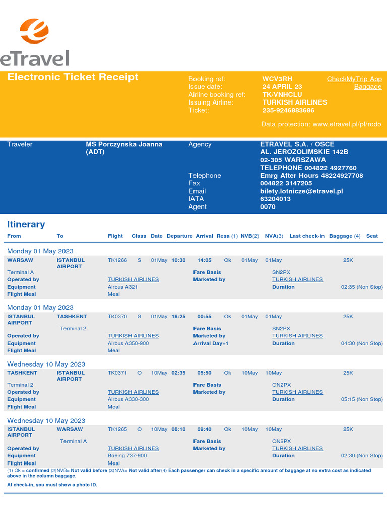 Turkish Airlines Electronic Ticket Receipt | PDF | Transport | Aviation