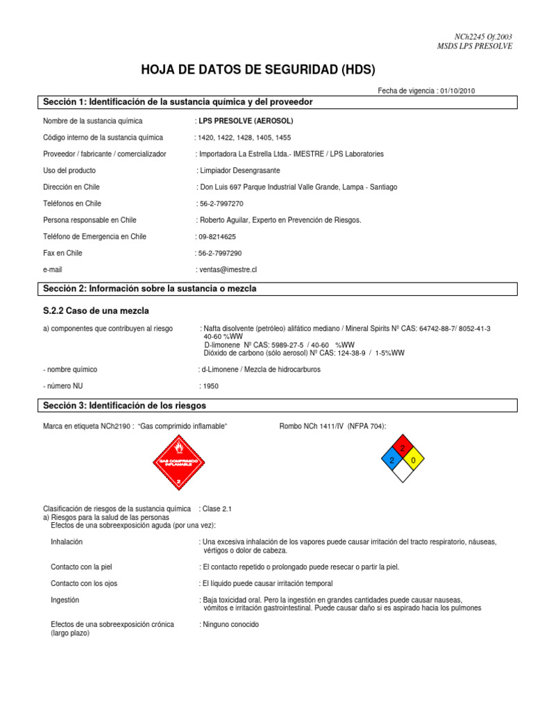 MSDS LPS Presolve | PDF | Combustión | Agua