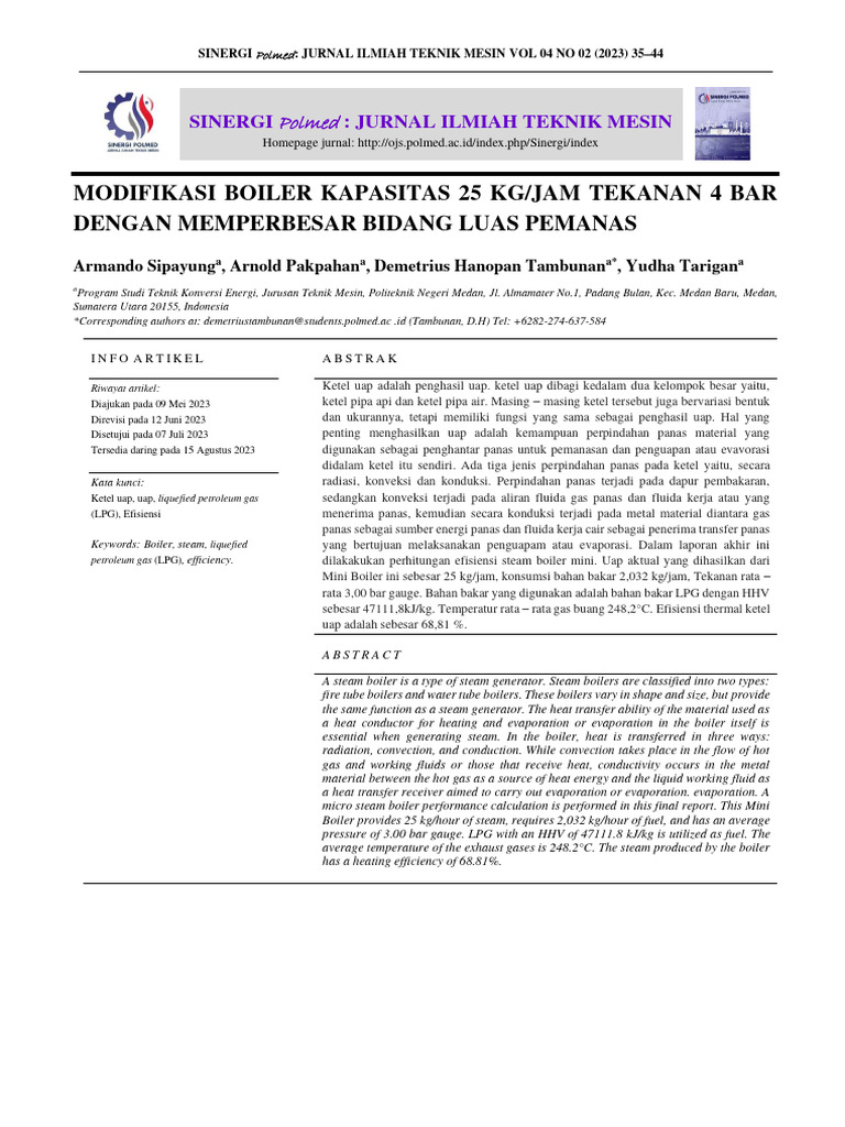 Jurnal Sinergi Armando Nugraha Sipayung 1905051042 EN6B Analisis Peformansi Boiler Rev v4 | PDF