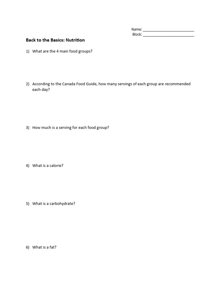 Back To Basics in Nutrition Worksheet | PDF
