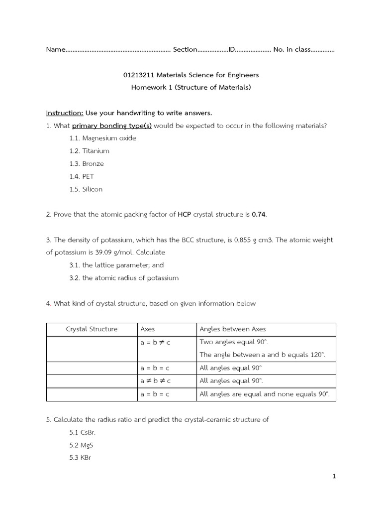 HW1 Structure 2023 | PDF | Crystal Structure | Mineralogy