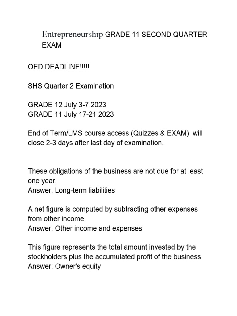 Entrepreneurship Grade 11 Second Quarter Exam | PDF | Expense | Income ...