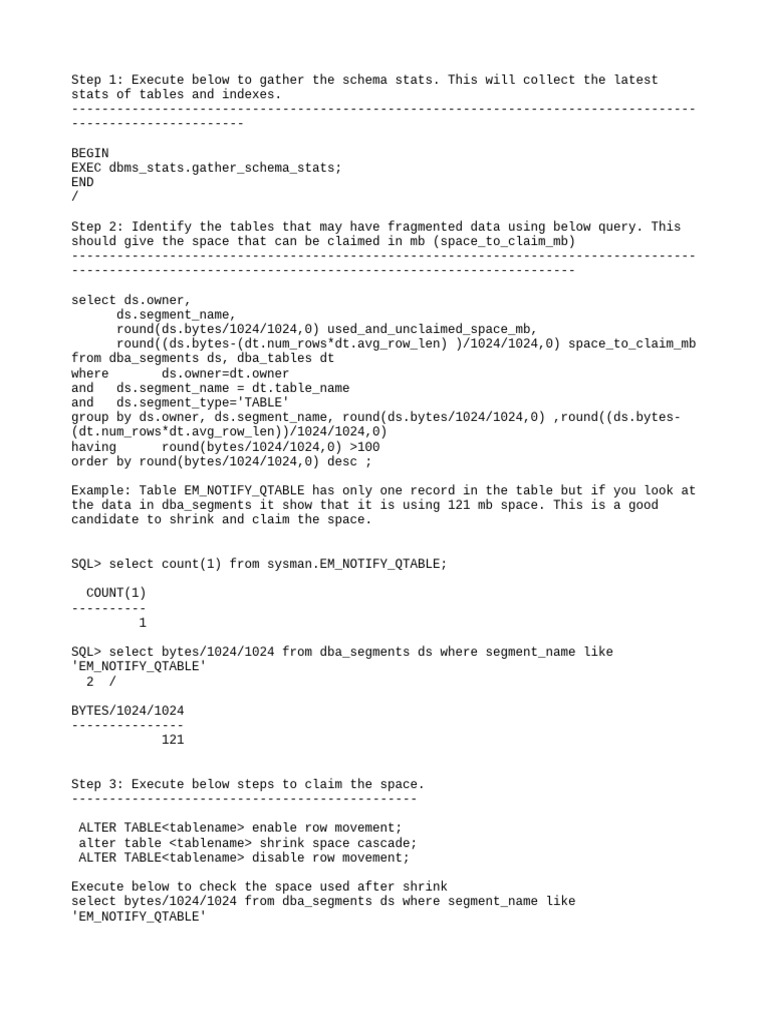 Reclaim Fragmented Table Space | PDF | Information Technology ...
