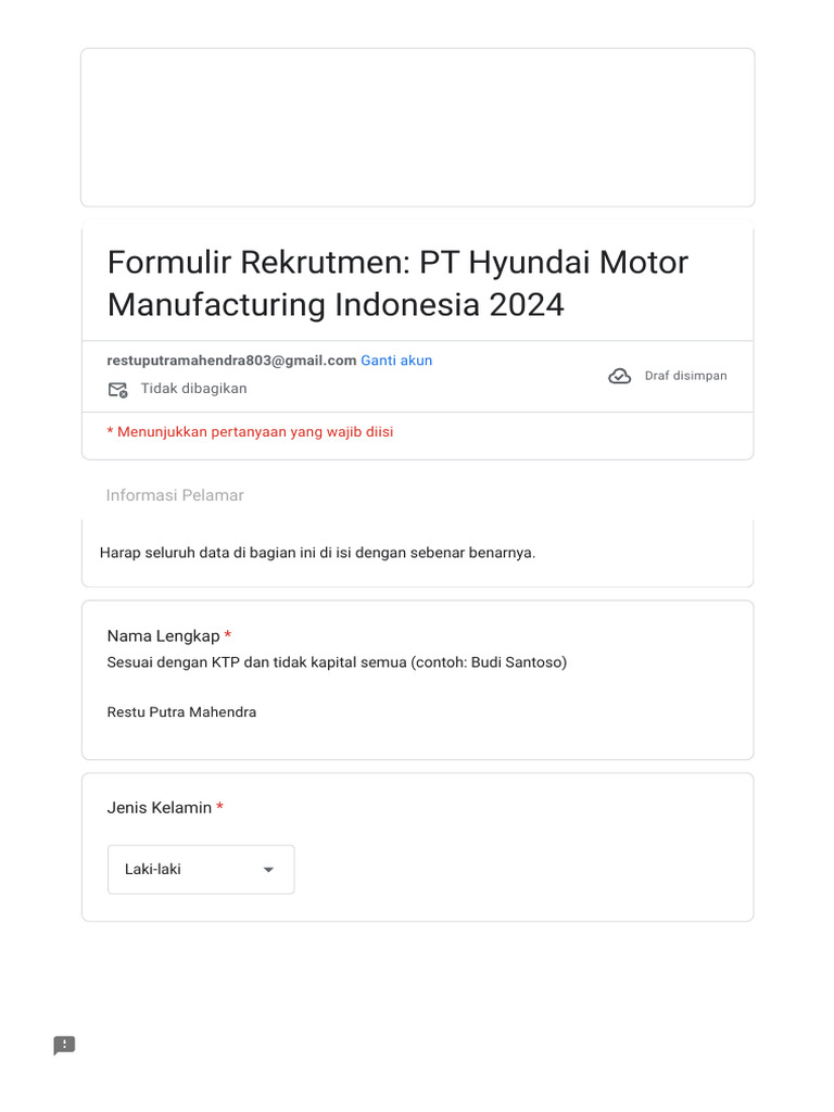 Formulir Rekrutmen - PT Hyundai Motor Manufacturing Indonesia 2024 | PDF