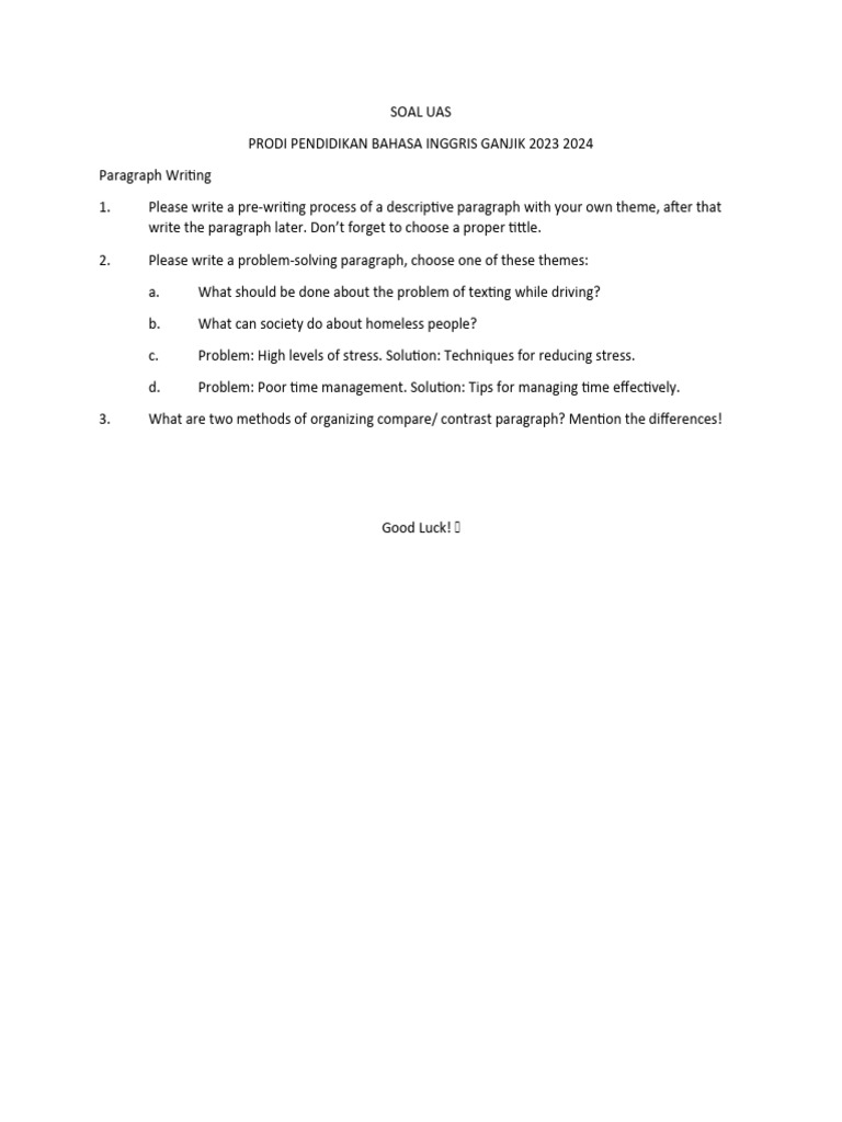 SOAL UAS - Paragraph Writing | PDF