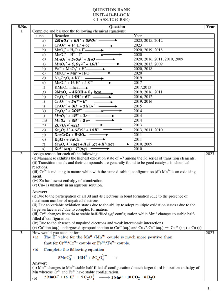 unit 4 d block solutions | PDF | Transition Metals | Lanthanide