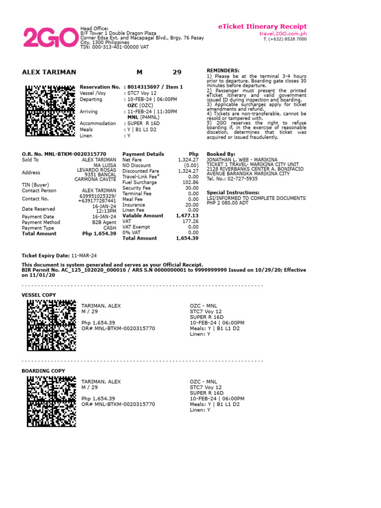2go Itinerary MR Alex Tariman | PDF | Ticket (Admission) | Service ...