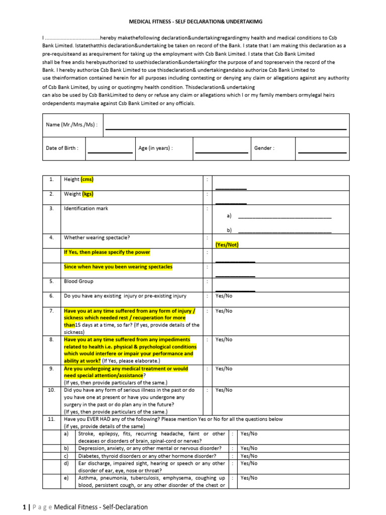 Medical Fitness Self Declaration | PDF | Infection | Cough