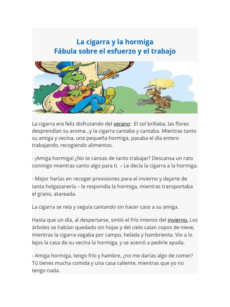 Fábula La Cigarra y La Hormiga | PDF