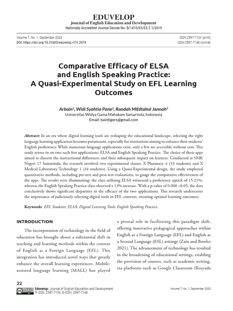 Comparative Efficacy of Elsa and English Speaking Practice A Quasi ...