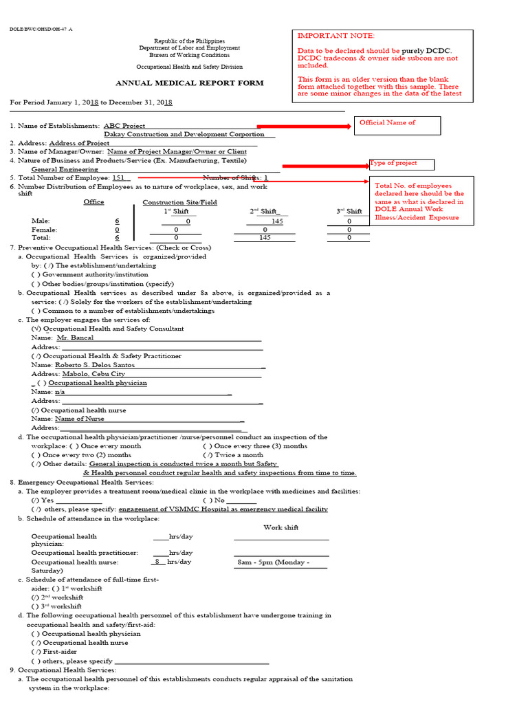 Dole Annual Medical Report Sample Amp Guide | PDF | Occupational Safety ...