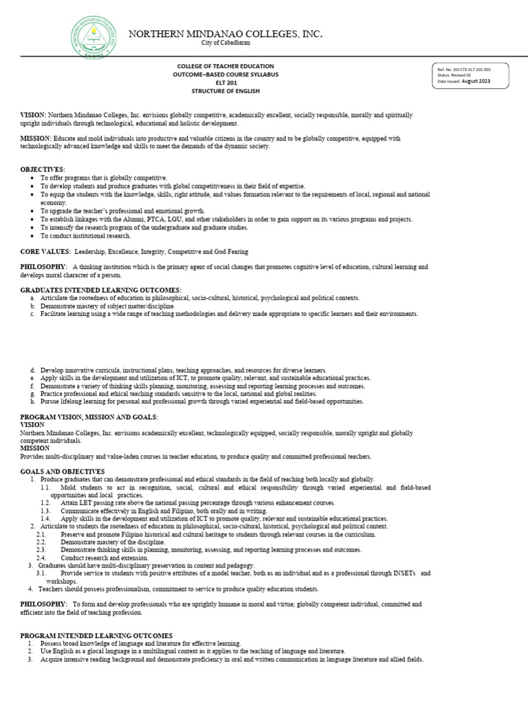 ELT 201 - Structure of English | PDF | Linguistics | Teachers